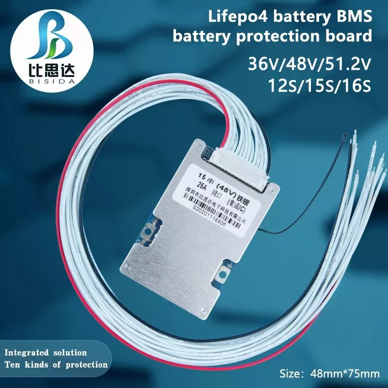 Bisida BMS Lifepo4 배터리 충전식, 36V/48V51.2V/12S/15S/16S, 밸런스 NTC, 전기 자전거 ...