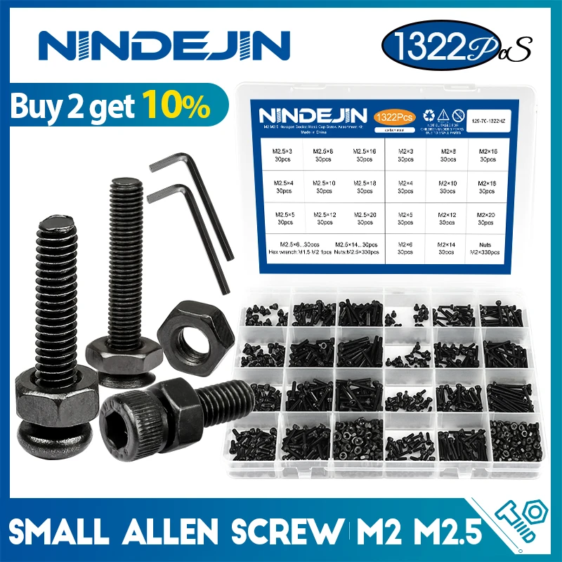 1322pcs/set Small Allen Bolt Screw Kit With Nut M2 M2.5 Carbon Steel ...