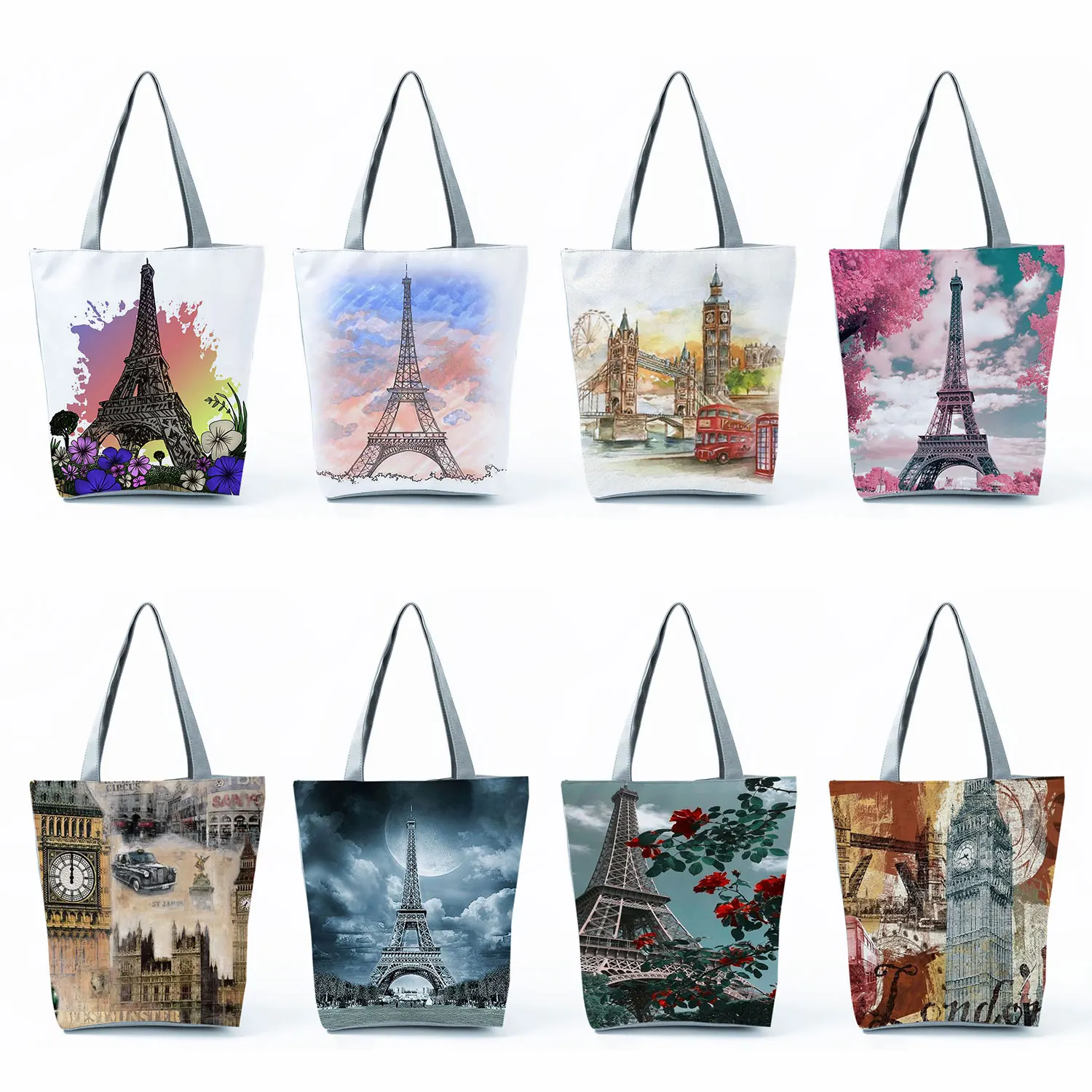 Female-Handbags-For-Women-Fashion-Travel-Beach-Bag-Floral-Eiffel-Tower ...