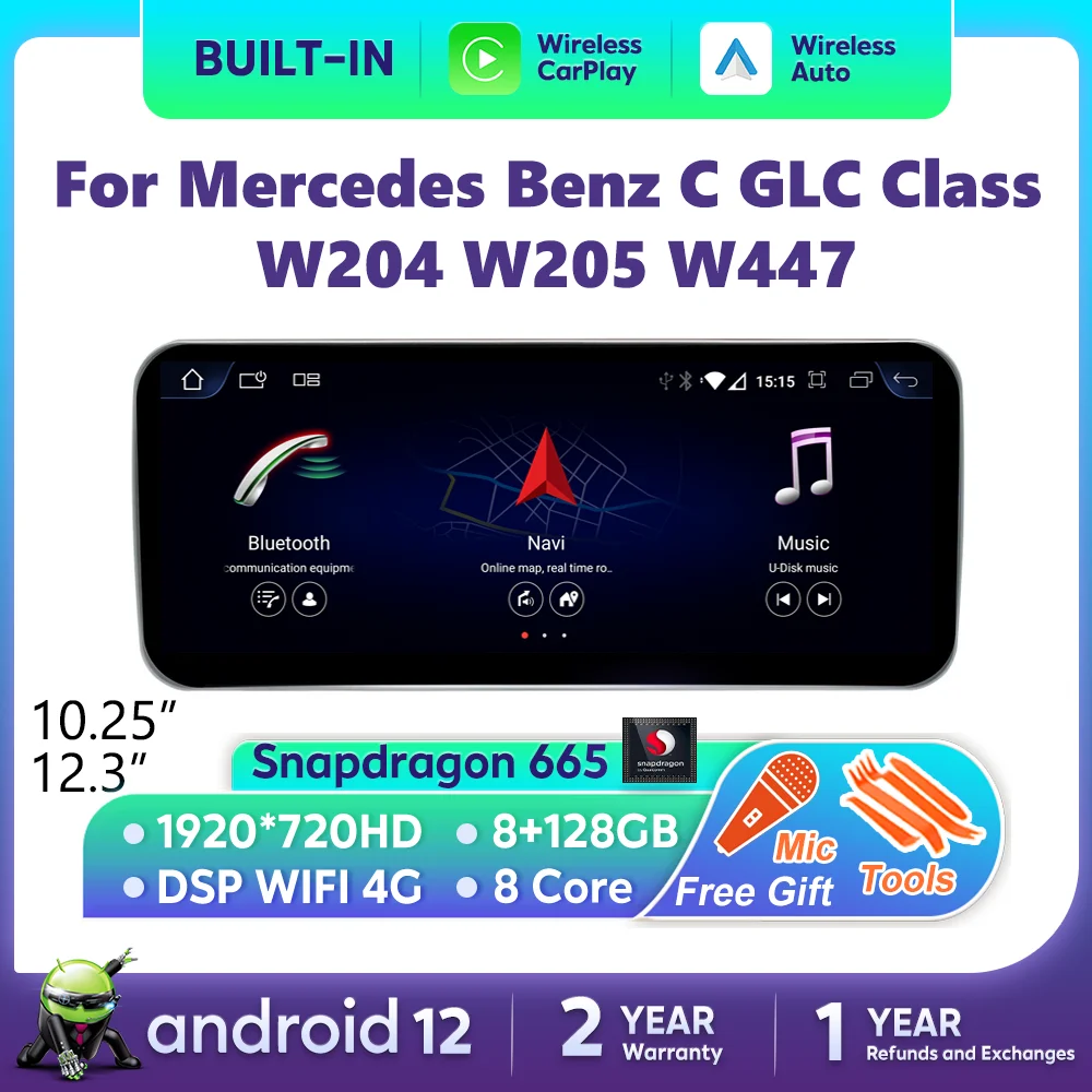 Android-12-Wireless-CarPlay-For-Mercedes-Benz-C-GLC-W204-W205-W447-Car ...