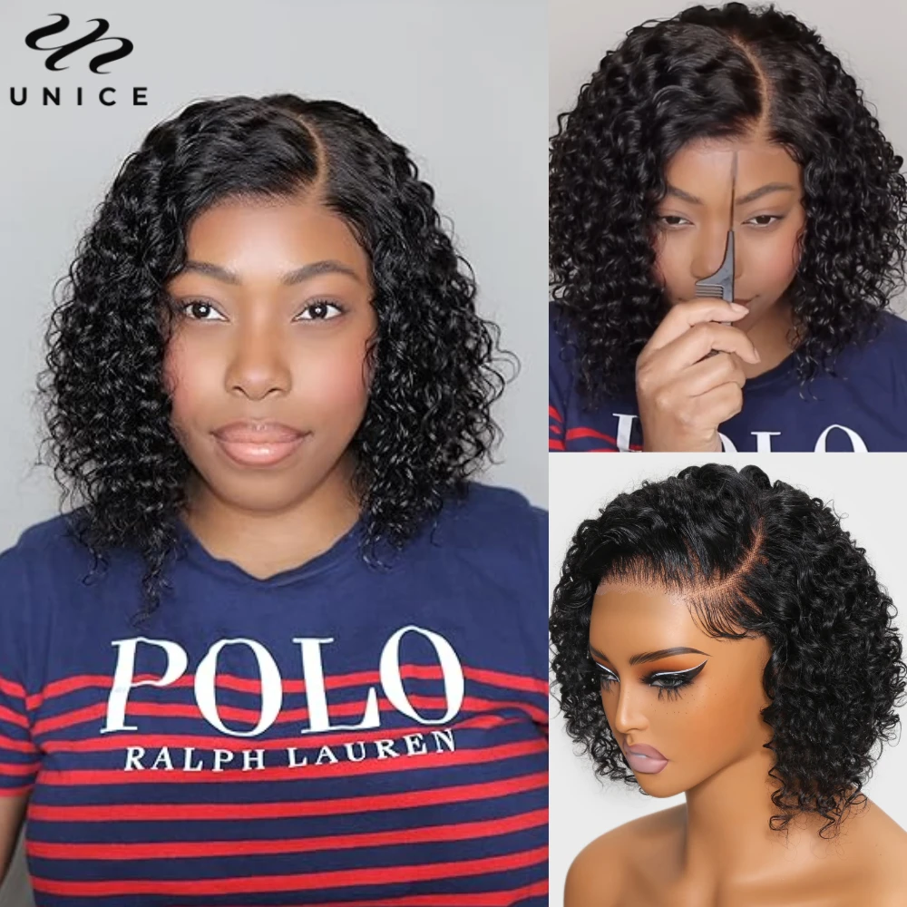 UNice Hair Short Curly Bob Wig Human Hair 7x5 Pre Cut Pre Bleached ...