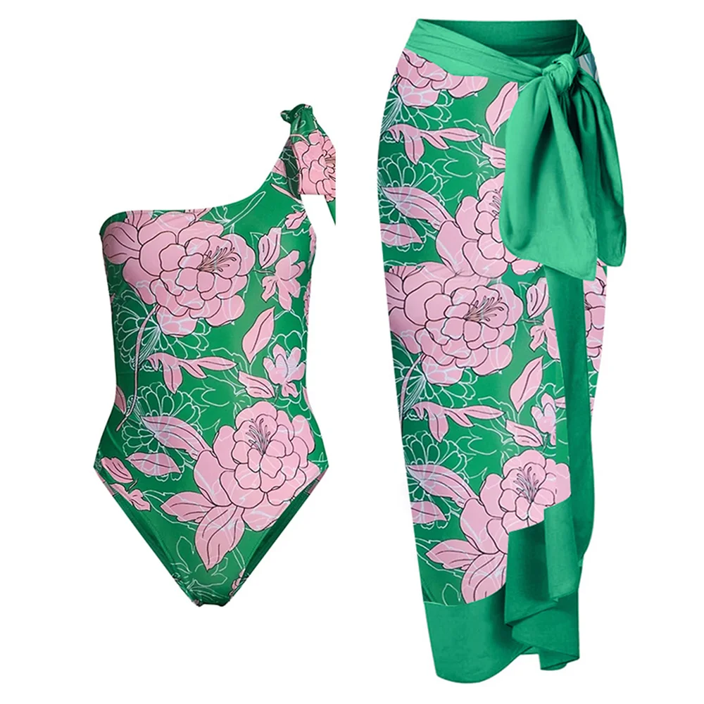 Female Retro Swimsuit One Piece Swimwear With Skirt Holiday Beach Dress