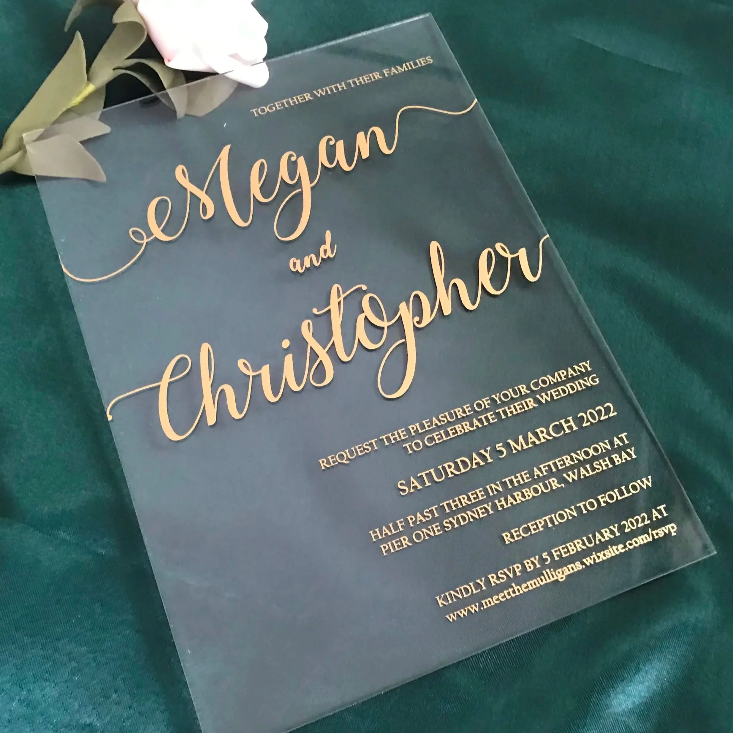 Invitation de mariage en acrylique personnalisée, or déjoué ...