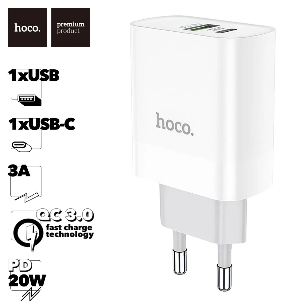 СЗУ HOCO C80A Rapido 1xUSB, 1xUSB-C, 3А, PD20W, QC3.0 + USB-C кабель Type-C, 1м (белый) | AliExpress