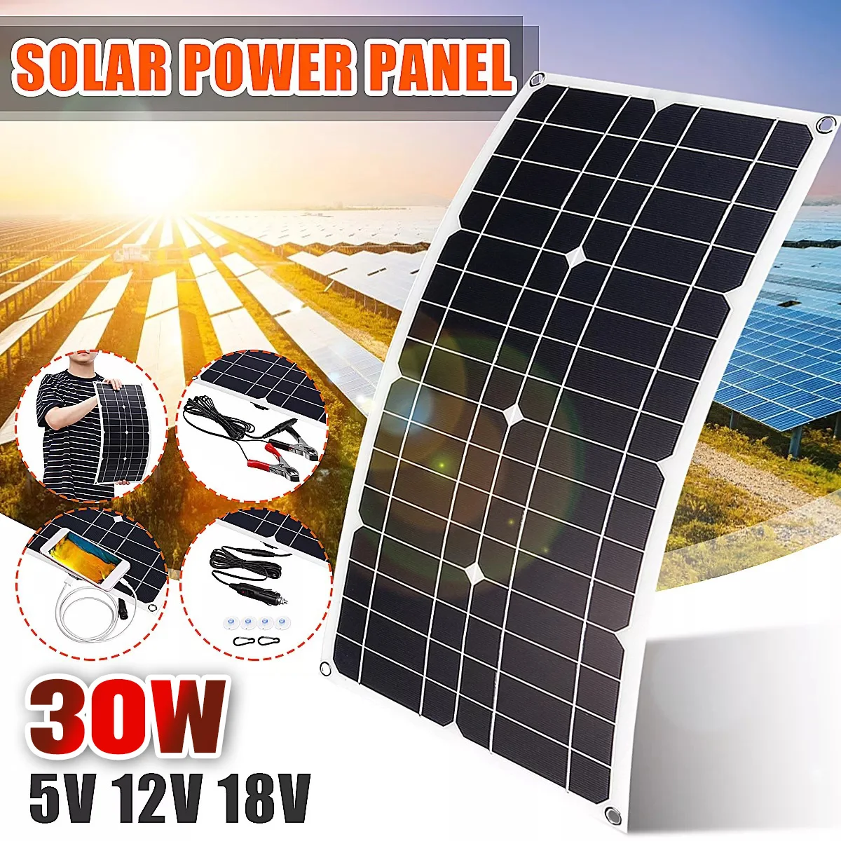 30W Soft Solar Panel Kit Complete 5/12/18V Dual USB With 10-60A ...