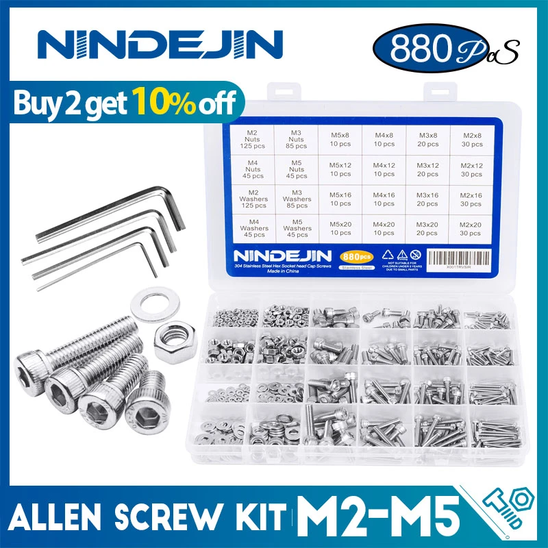 Nindejin 880pcs Hex Socket Head Cap Screw Set M2 M3 M4 M5 Stainless Steel Hexagon Flat Round Cap ...
