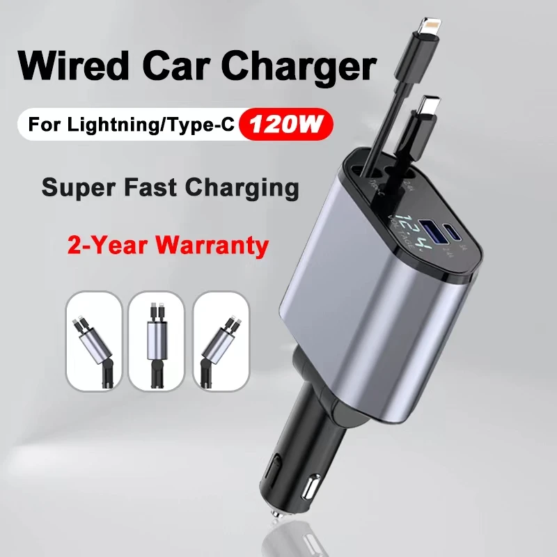 4-in-1-Retractable-Car-Charger-Wired-120W-for-iPhone-Samsung-Xiaomi ...