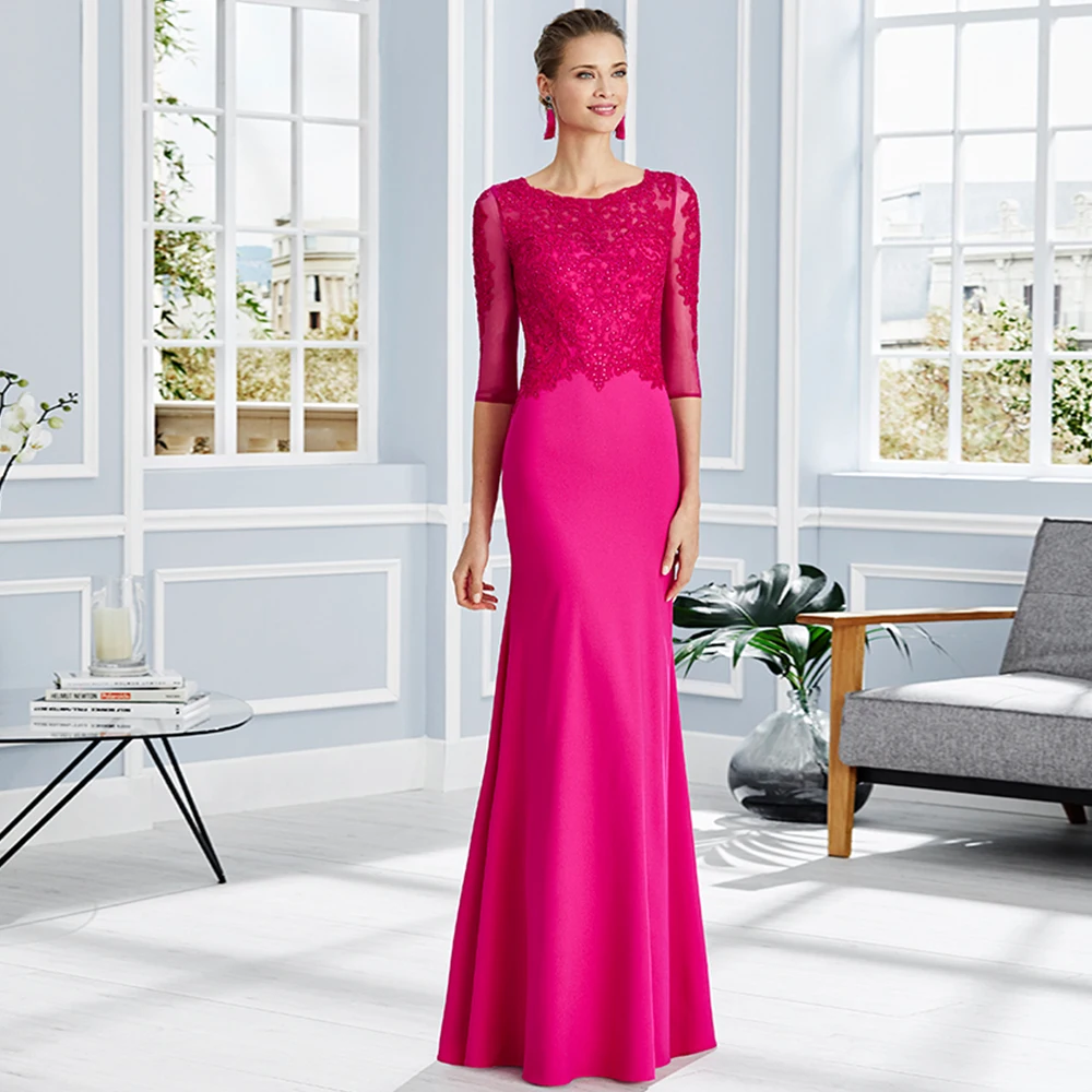Hot-Pink-Mother-of-the-Bride-Dresses-Jewel-Neck-3-4-Sleeves-Wedding ...