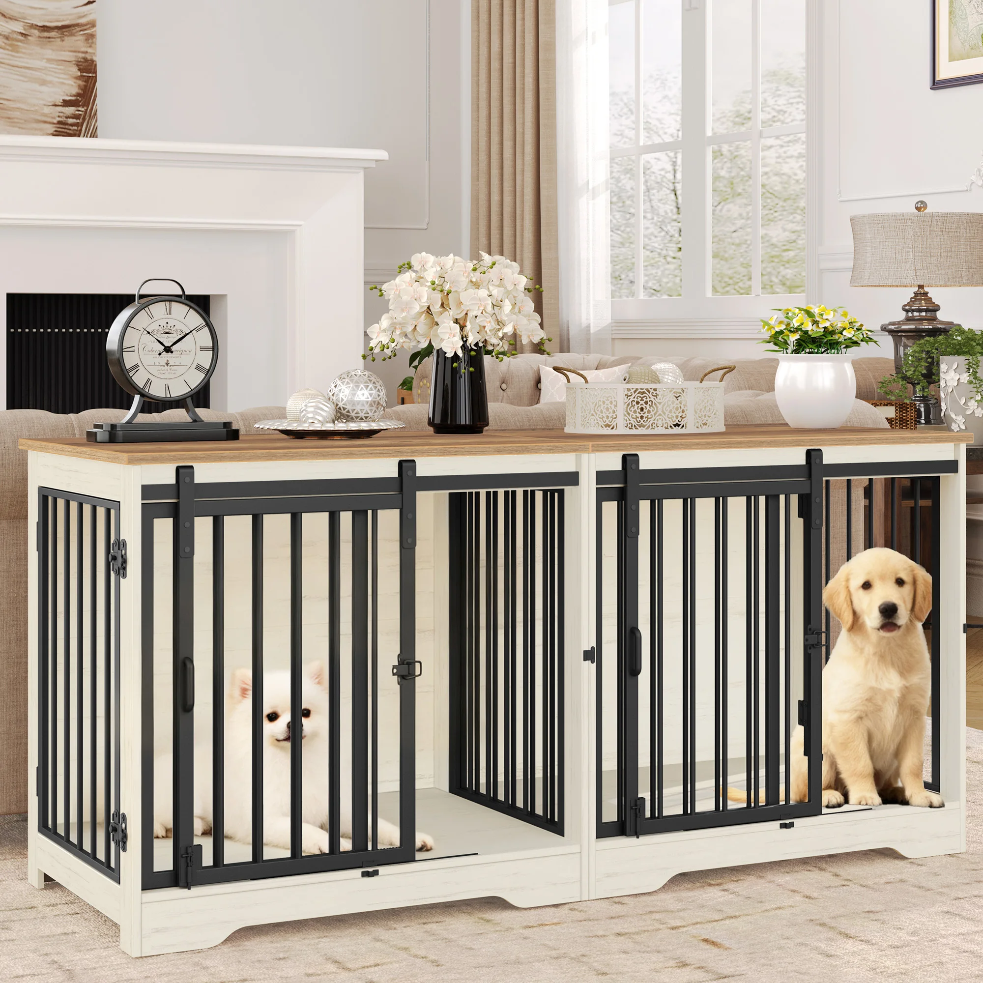 White Brown Dog Cage Furniture for 2 Dogs,with Divider, Robust Wooden ...