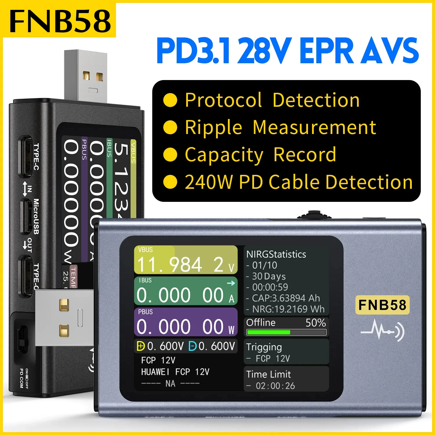 FNIRSI-FNB58-USB-Tester-Voltmeter-Ammeter-Bluetooth-TYPE-C-Fast-Charge ...