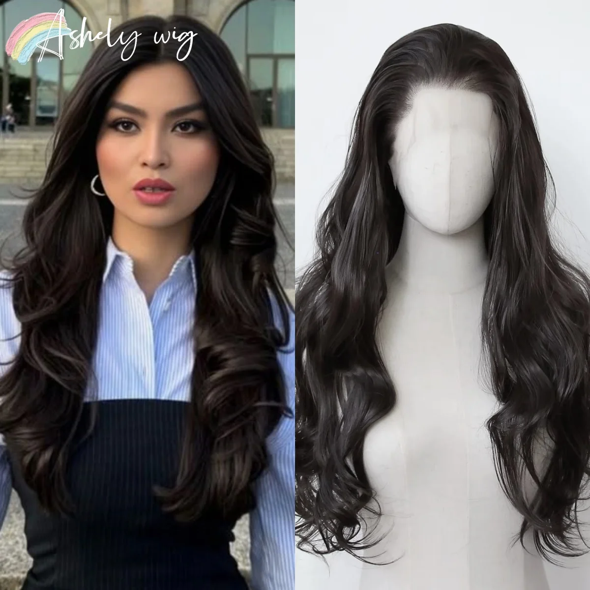 Ashely Black Wig 13x4 Body Wave Lace Front Wig for Women Long Synthetic ...