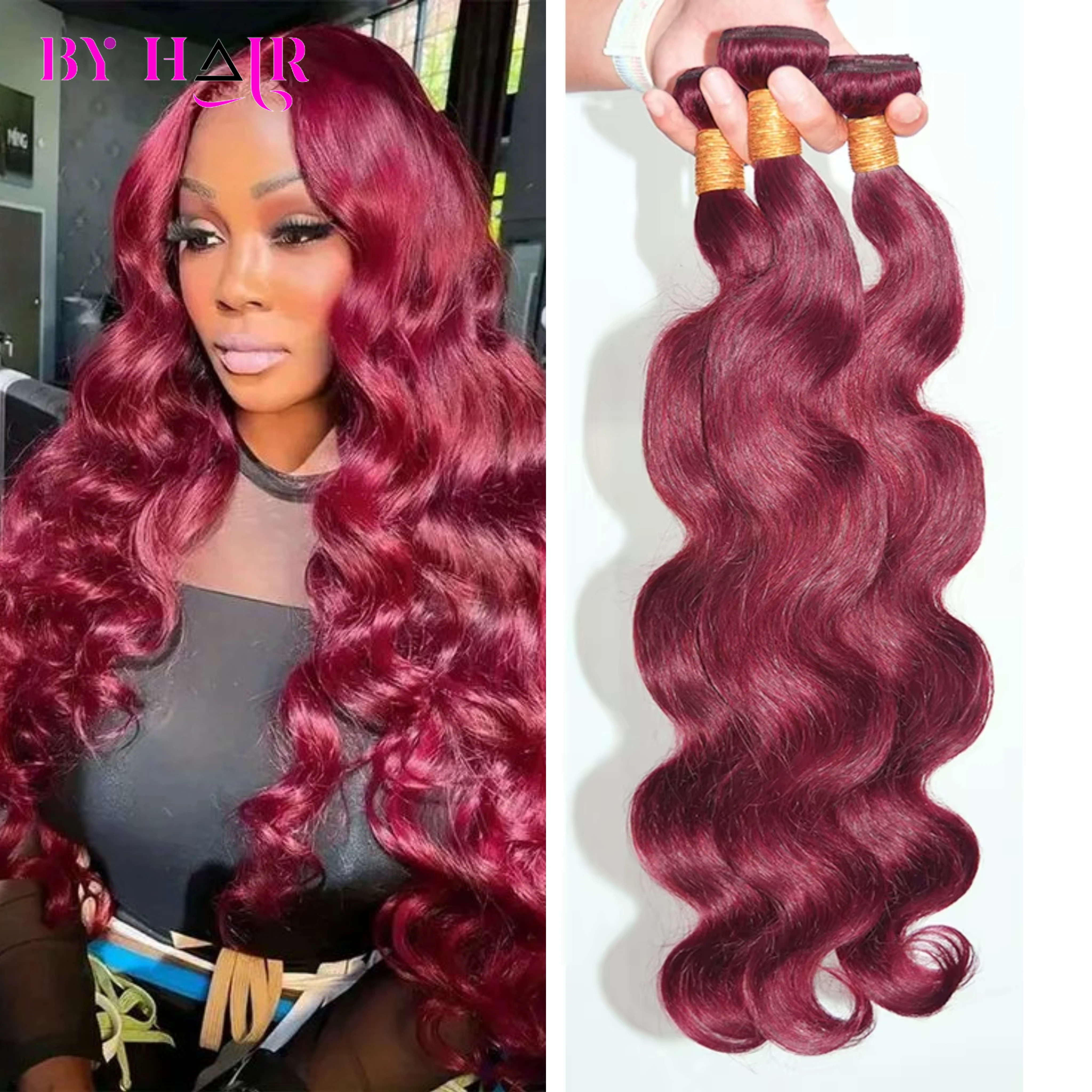 99J Body Wave Bundles Human Hair Burgundy Colored Brazilian Remy Hair ...