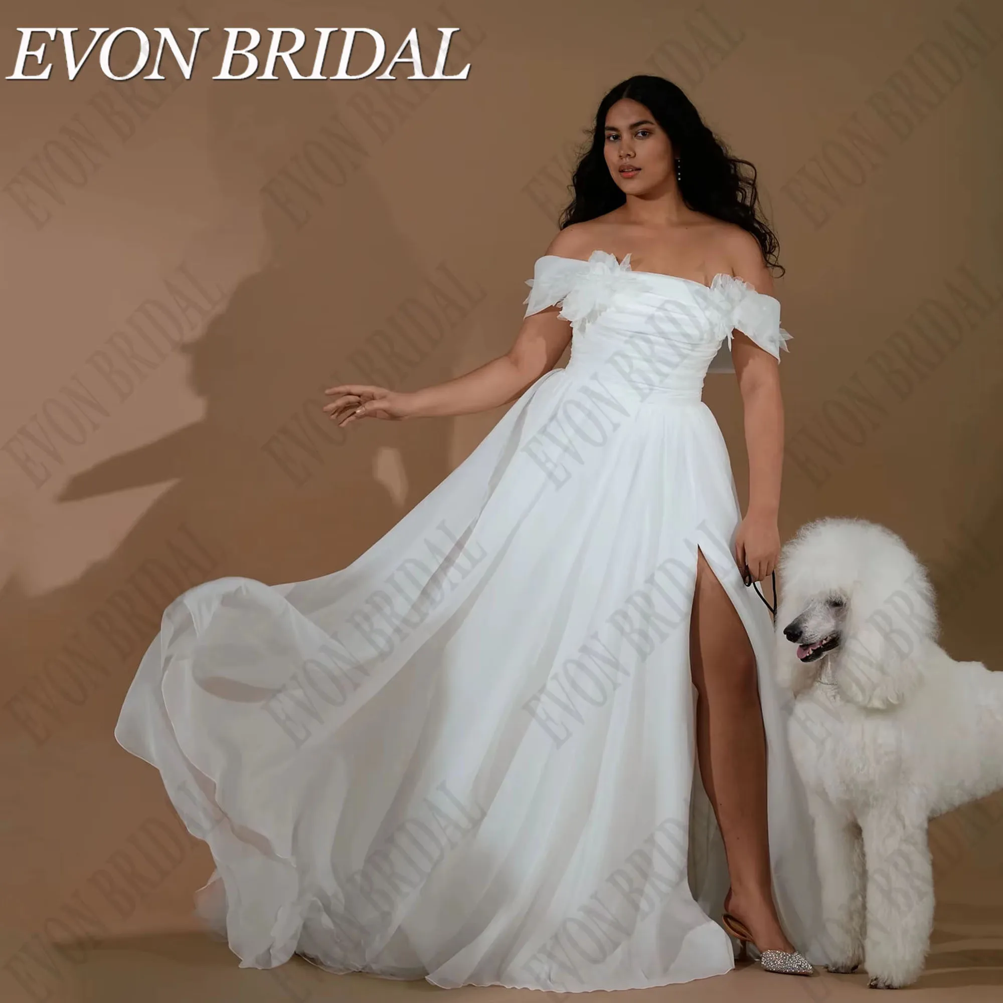 High Split Wedding Dresses Plus Size Bride Gown Elegant Flowers Off ...