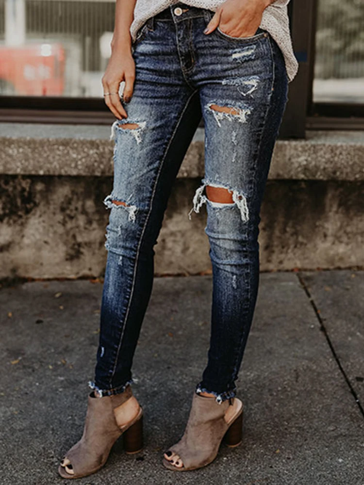 Fashion Stretch Ripped Mid Rise Frayed Pocket Distressed Jeans