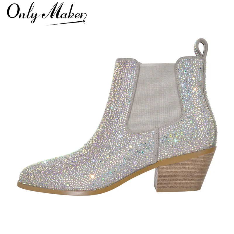 Onlymaker-Women-Rhinestone-Ankle-Boots-Pointed-Toe-Silver-Glitter-Bling ...