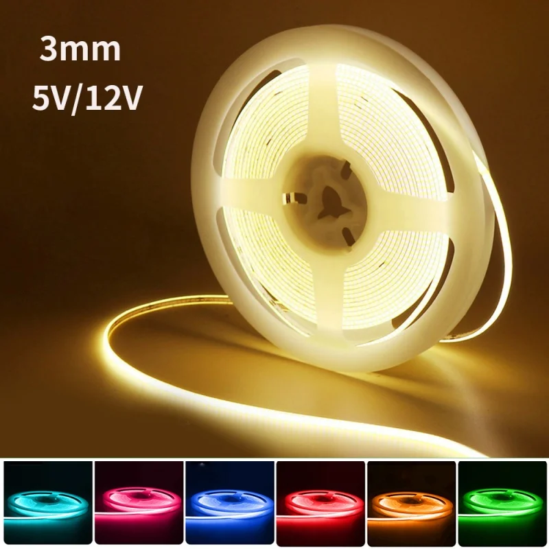 3mm Super Slim COB LED Strip Lights DC 5V 12V 480LEDs/m Warm White/ Red ...