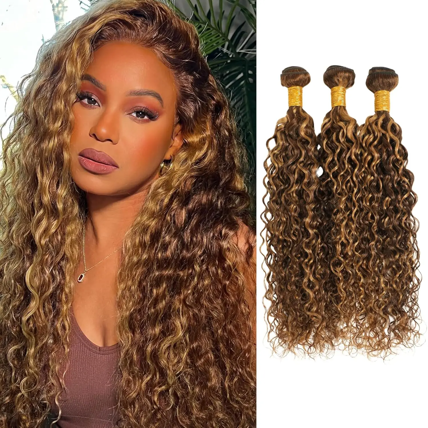 P4/27 Deep Wave Highlighted Human Hair Bundles Honey Brown Curly Hair ...