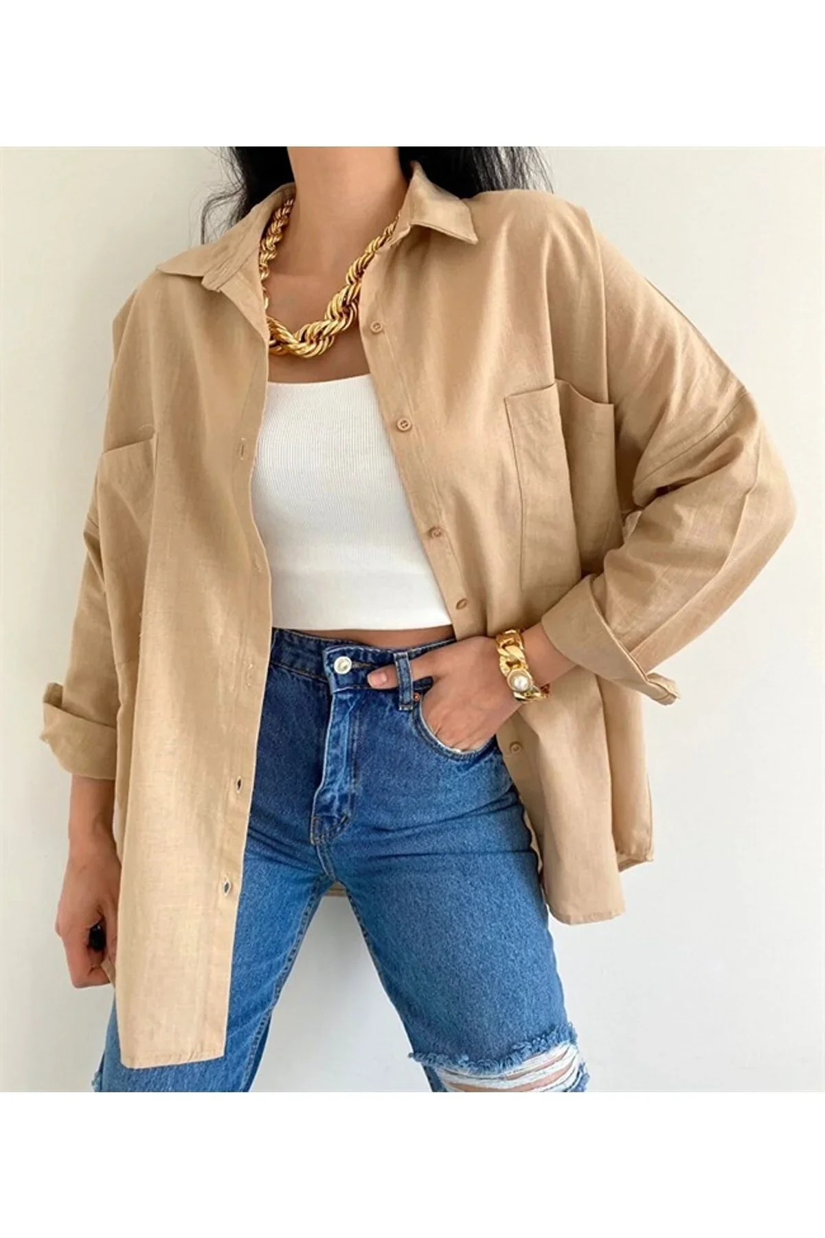 Women's Beige Color Double Pocket Loose Linen Shirt Oversize Pattern ...