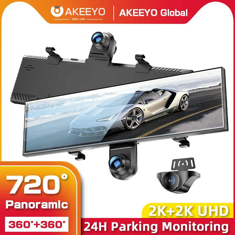 AKEYO AKY V720S 파노라마 미러 대시 캠, 720 도, 2K UHD, 24 시간 주차 모니터링, 11 인치 IPS ...