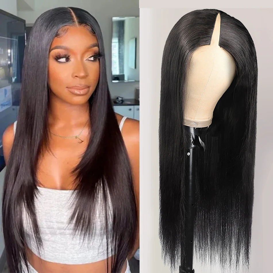 Straight V Part Wig Human Hair Leave Long | Middle Part Human Hair Wig ...