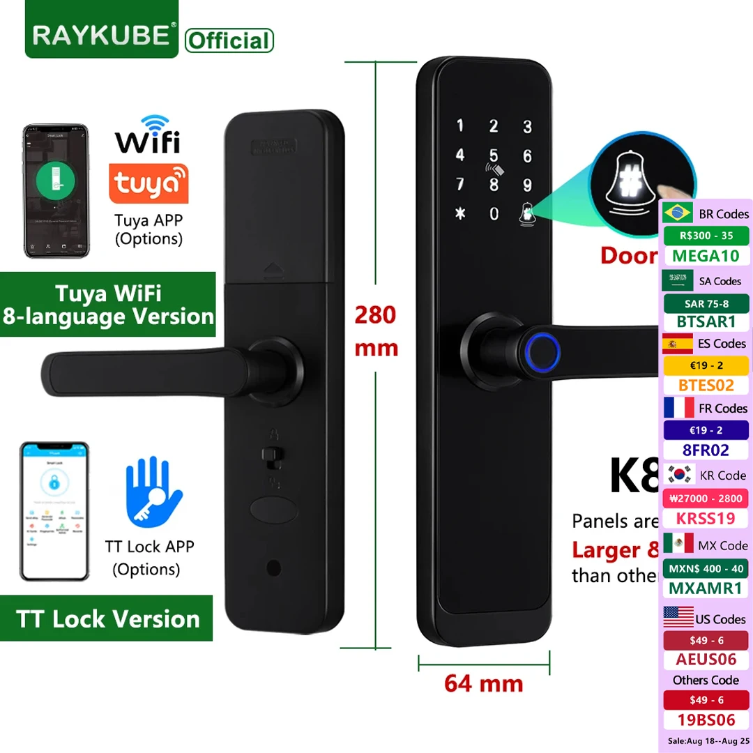 RAYKUBE-K8-Tuya-Wifi-Smart-Door-Lock-TT-Lock-Fingerprint-Lock-Digital ...