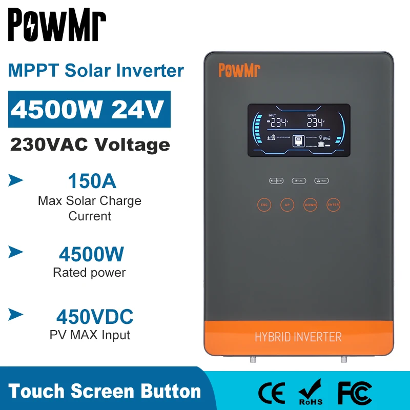 PowMr 하이브리드 태양광 인버터, 4500W 24V, 230VAC, 오프 그리드 인버터, MPPT 150A 태양열 충전기 ...
