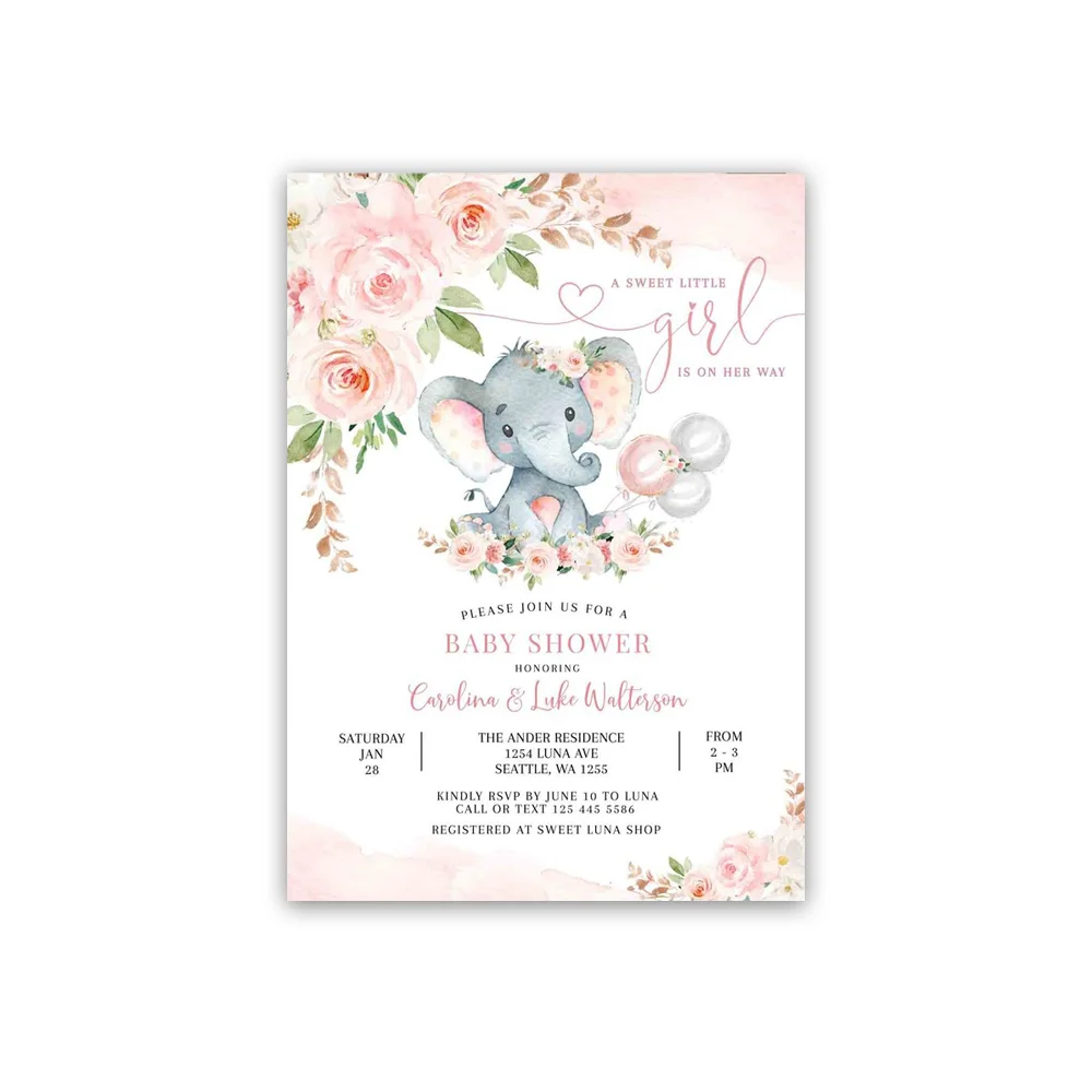 Baby Elephant Invitation Card, Customized, Blush Pink Rose Gold, Baby ...