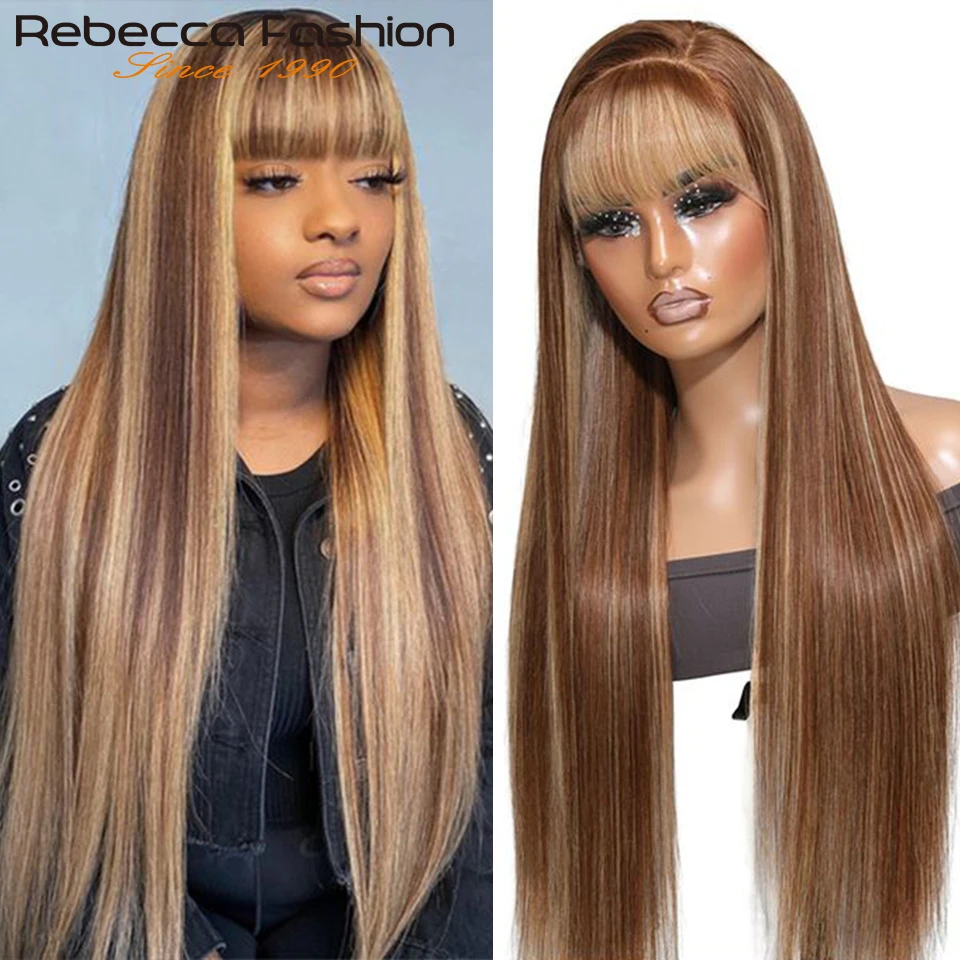 Rebecca Long Highlight Human Hair Wigs Straight With Bangs Fringe ...