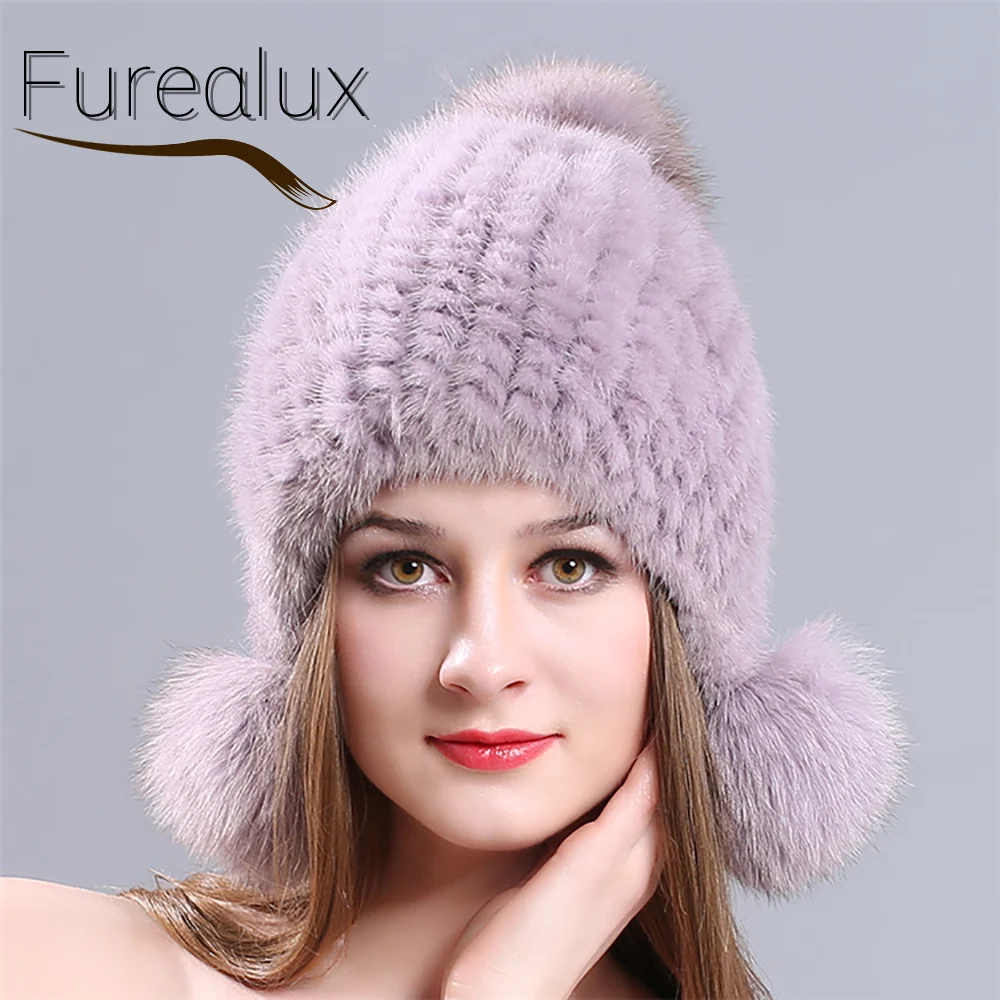 FUREALUX Real Mink Fur Hat Woven Three ball Korean Version Thickened ...