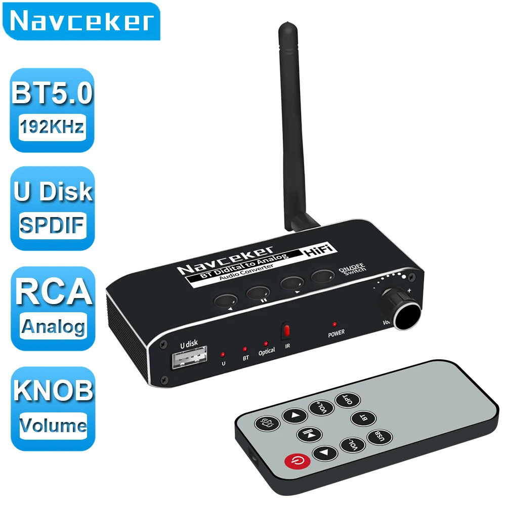 Navceker DAC Digital to Analog Audio Converter With Bluetooth Receiver ...