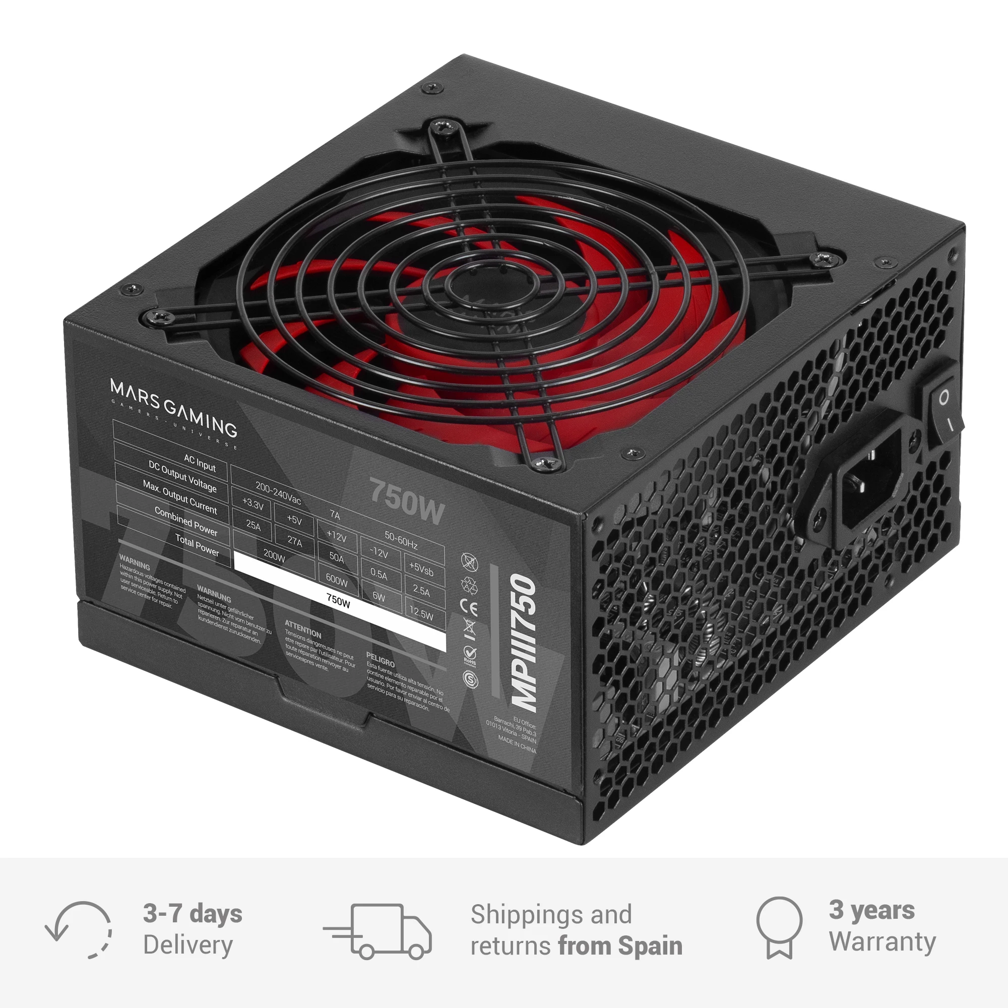 Mars Gaming MPIII750, PC 750W power supply, ATX 12V, 85% efficiency, 12 cm anti-vibration fan, 5 ...