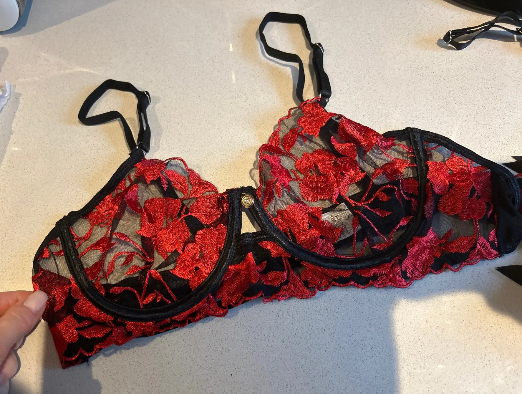 3-tlg. Spitze BH Set Frauen Floral Stickerei Transparent Rot ...