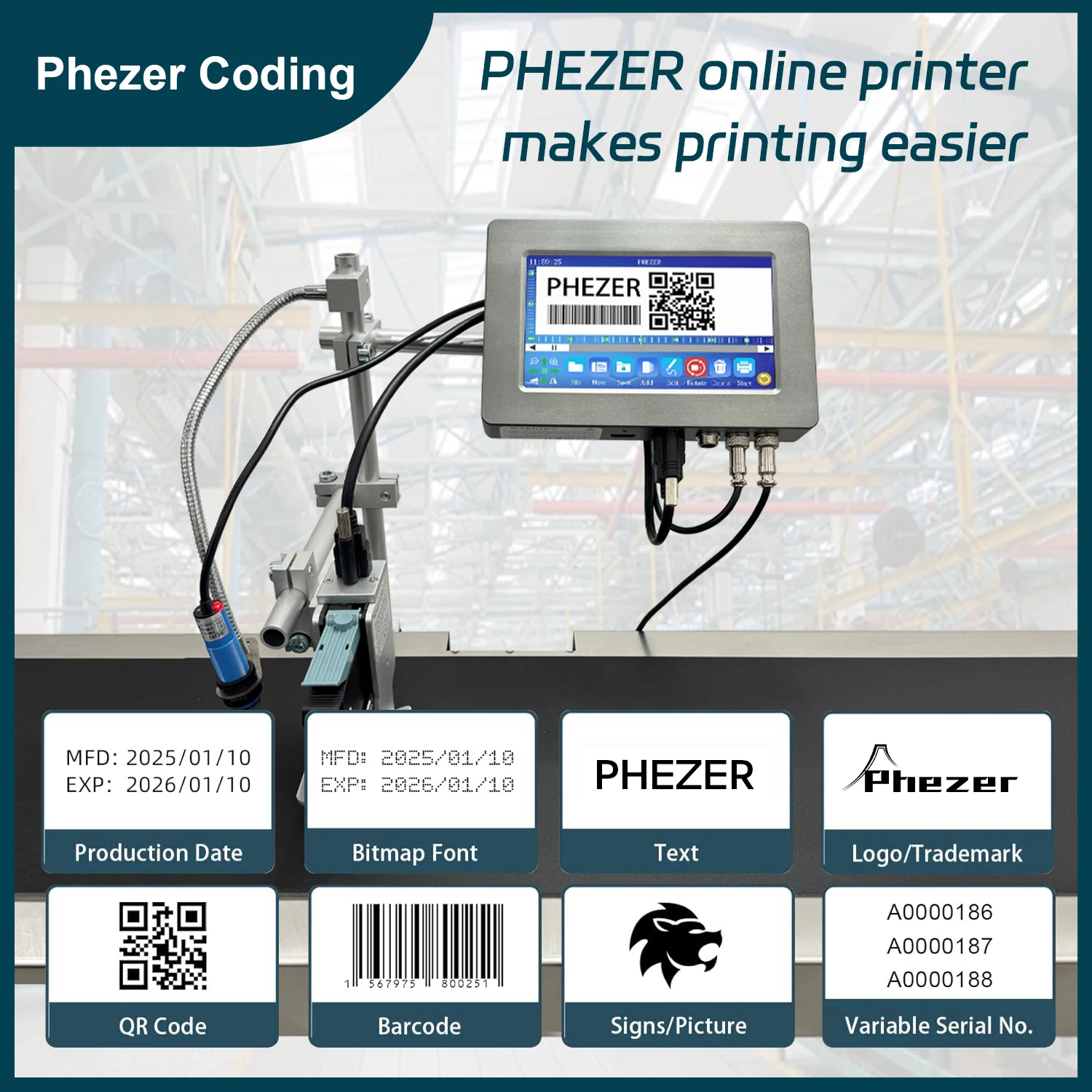 Phezer 12.7/25.4mm 7-inch Online Inkjet Printer screen P170 Label ...