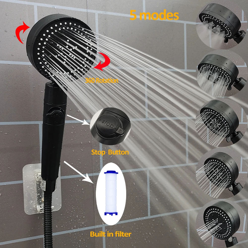 5 Modes Adjustable Bathroom Shower Head Water Saving Sprayer High ...