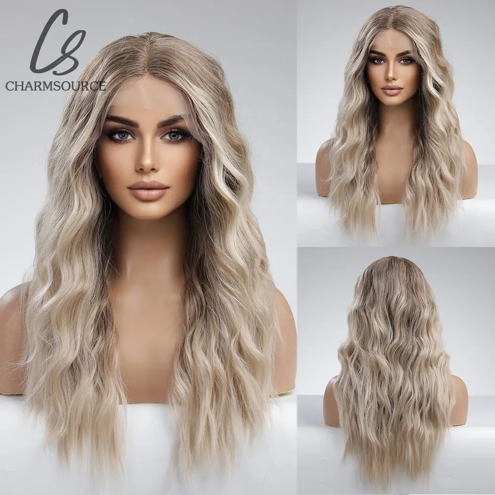 CharmSource Long Brown Ombre Blonde Hair Body Wavy Front Lace Wigs ...