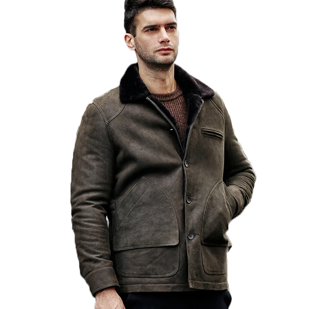 Denny&Dora Mens Shearling Jacket Lapel Collar Leather Jacket Green Sheepskin Coat Mid-Length ...