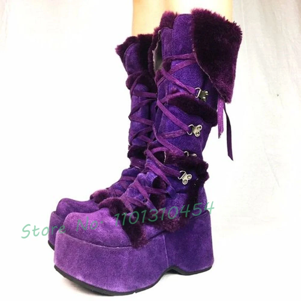Purple Fur Platform Boots Women Round Tip Lace-up Fluff New In Knee ...