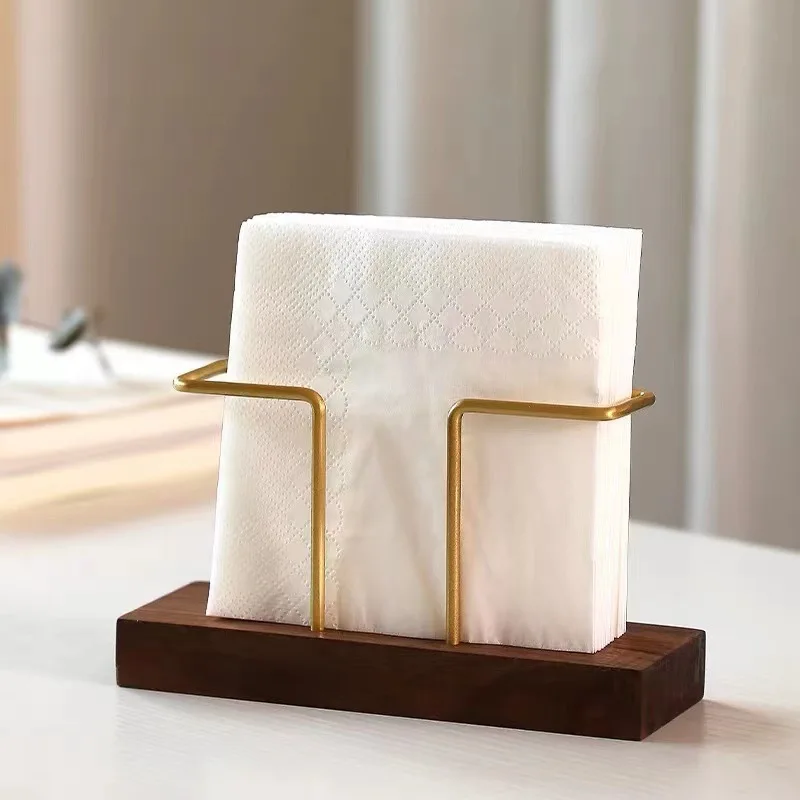 Solid-Wood-Tissue-Holder-Desktop-Organizer-Tableware-Gold-Metal-Napkin ...