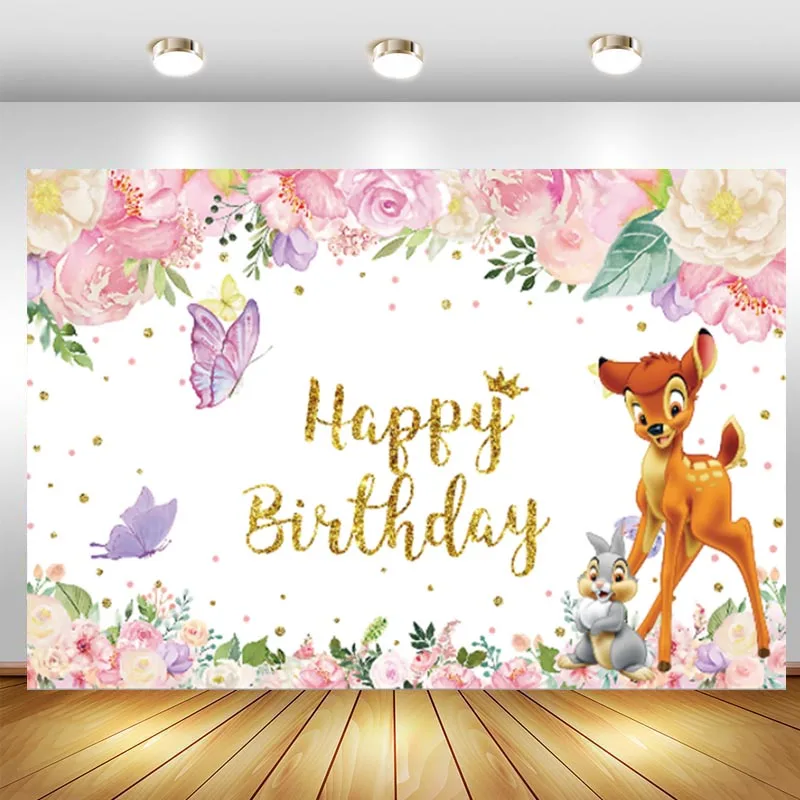 Disney Bambi & Thumper Photo Backdrop Pink Flowers Butterfly ...