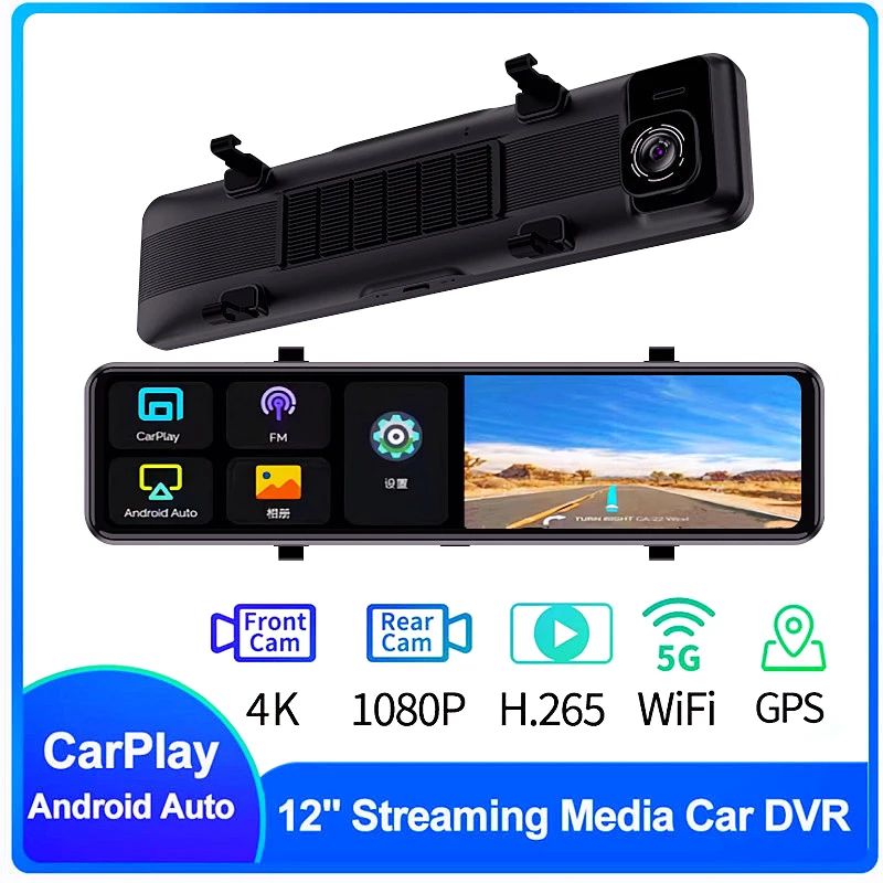 12" 4K Dash Cam Wireless CarPlay Android Auto ADAS Car DVR 5G WiFi GPS FM 24h Parking Monitor ...
