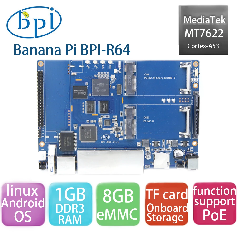 Banana Pi BPI-R64 MediaTek MT7622 64 bit Dual-core ARM 1G DDR3 8G eMMC ...