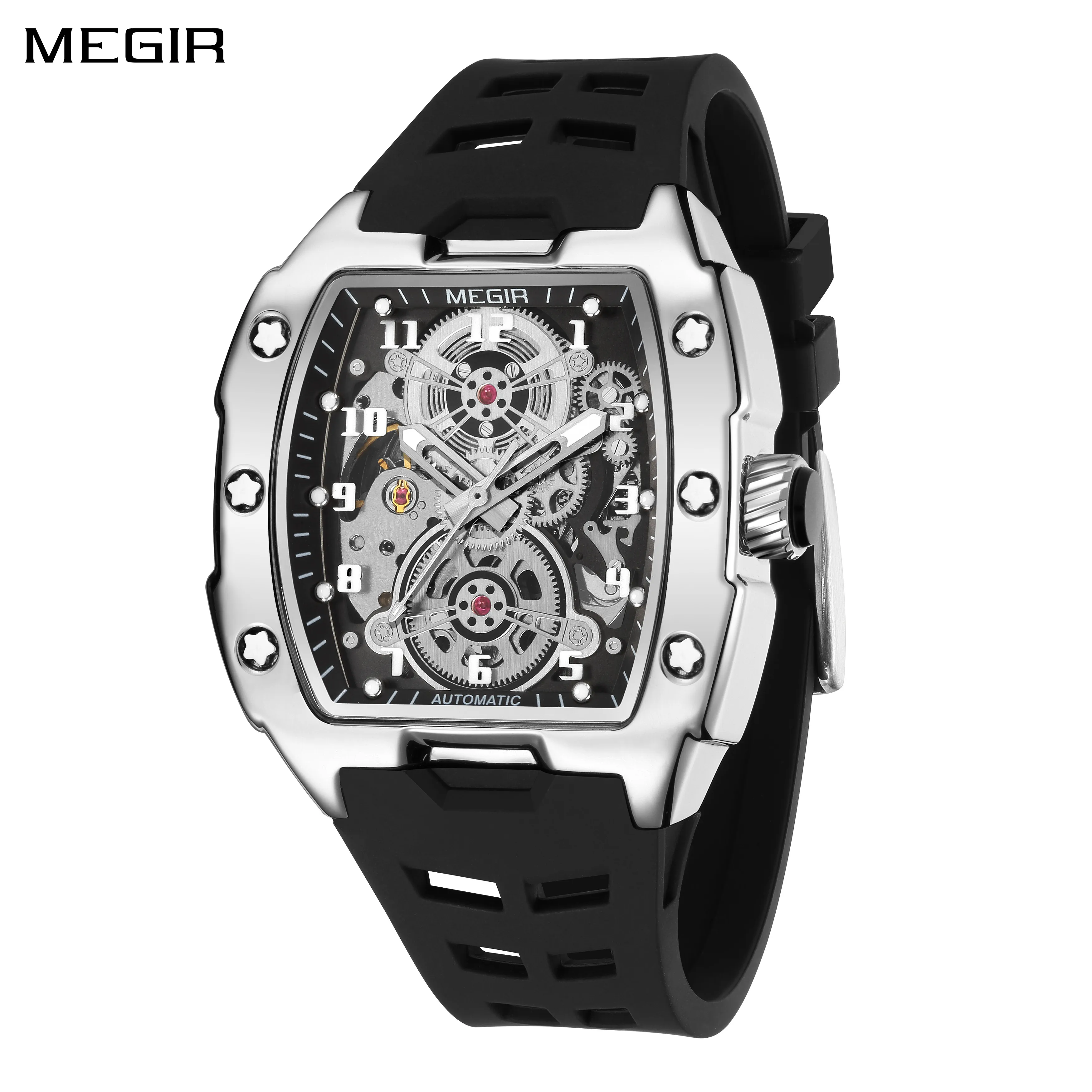 MEGIR Black Silicone Bracelet Men's Mechanical Watch Luxury Automatic ...