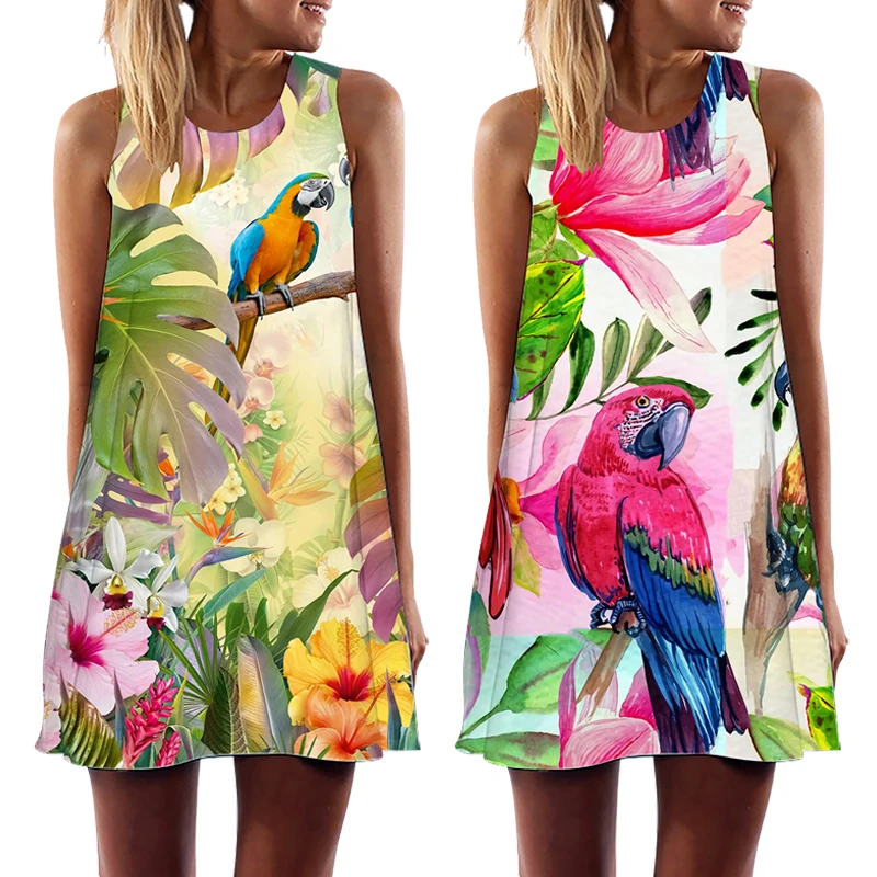 Parrot-Print-Women-Dress-Summer-Holiday-Party-Beach-Sundress-Casual ...