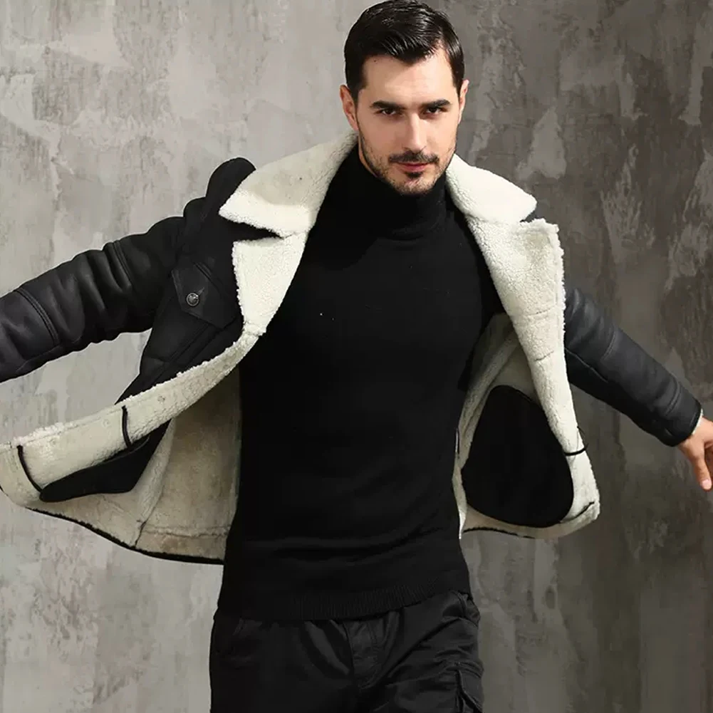 Denny&Dora Mens Suit Collar Shearling Jacket Natural Shearling Leather ...