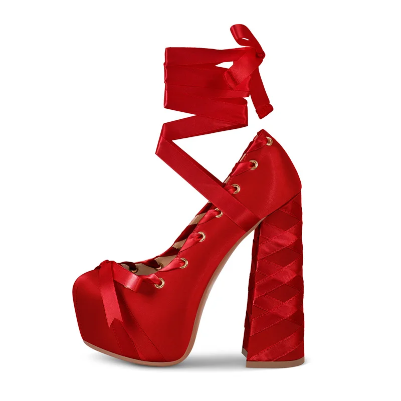Womens Round Toe Platform 15CM~16CM Chunky High Heels Ankle Strap Dress ...