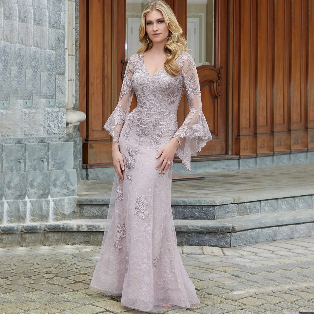 Elegant Flare Sleeve Mother of the Bridal Dress Applique Lace Mermaid ...