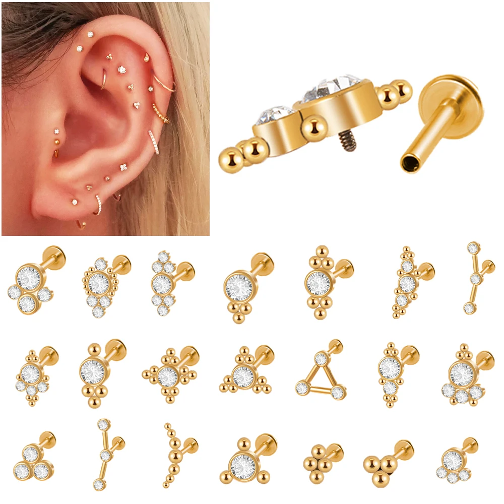 1PC 316L Surgical Steel 16G Gold Plated Cz Labret Lip Ring Crystal ...