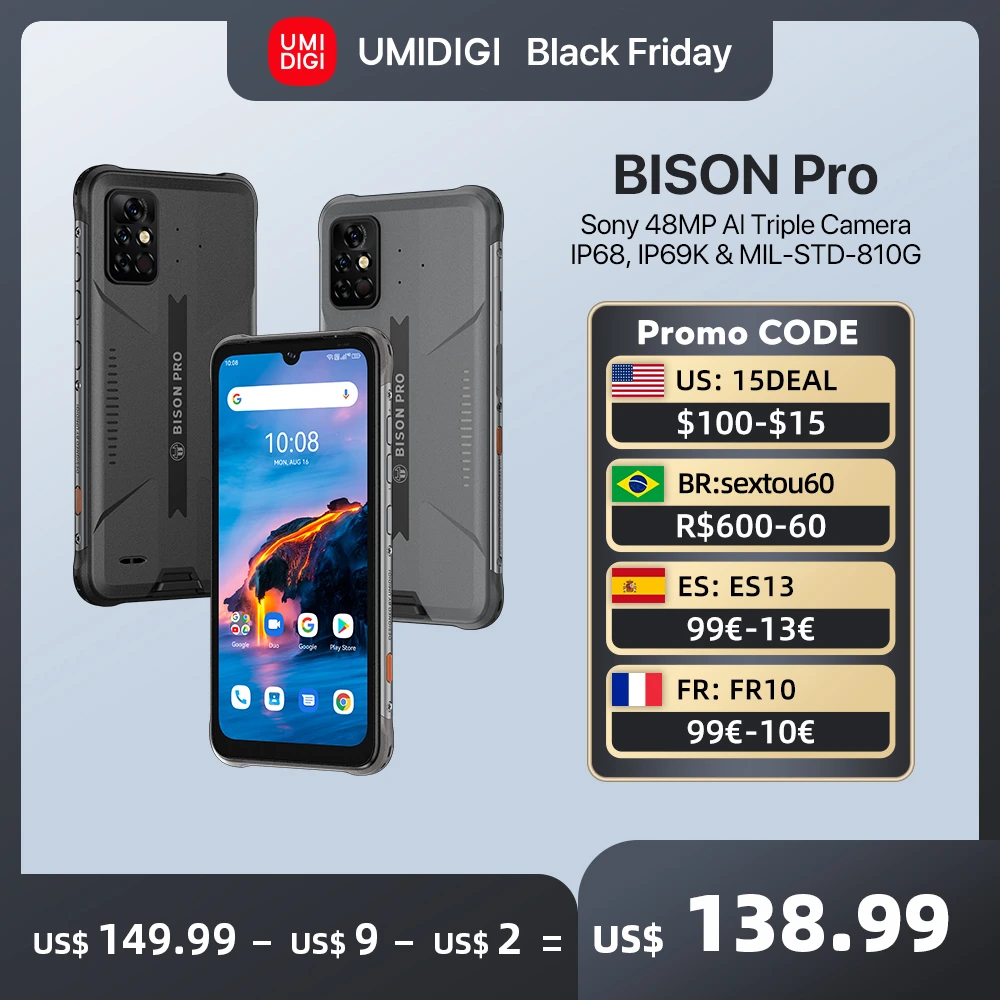 Umidigi bison pro versão global telefone áspero 128gb ip68 helio g80 nfc 48mp triplo câmera 6.3 ...