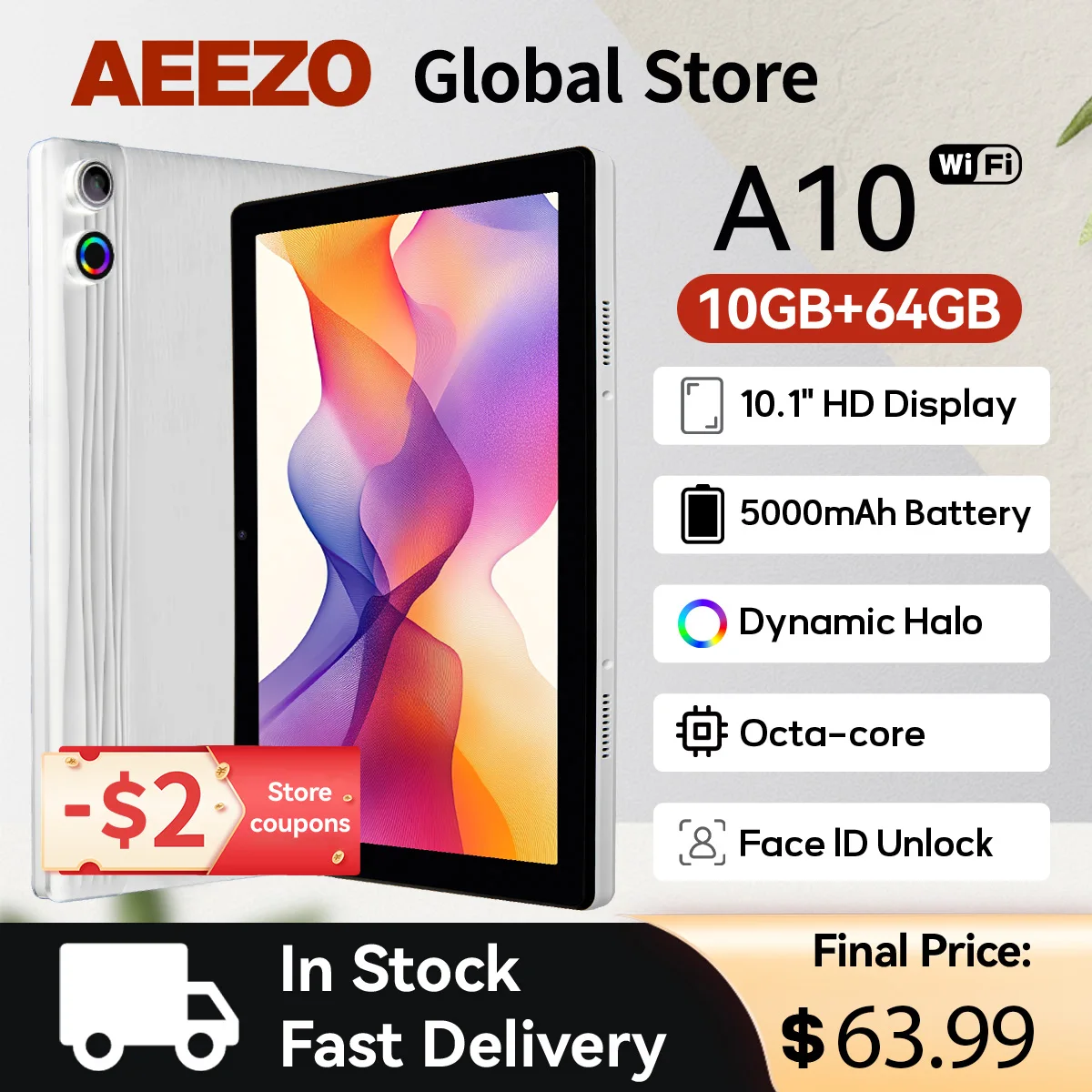 AEEZO A10 Tablet WIFI Face Unlock Tablets 10.1Inch HD IPS Display ...