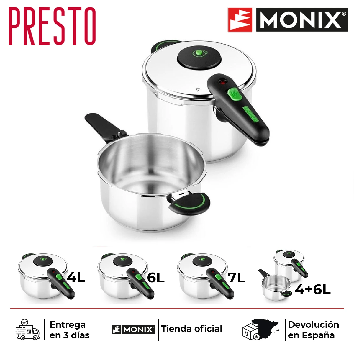 Monix Presto – Olla a presión de acero inoxidable 18/10. De 4 6 7 litros o el pack de 4+6L. Para ...